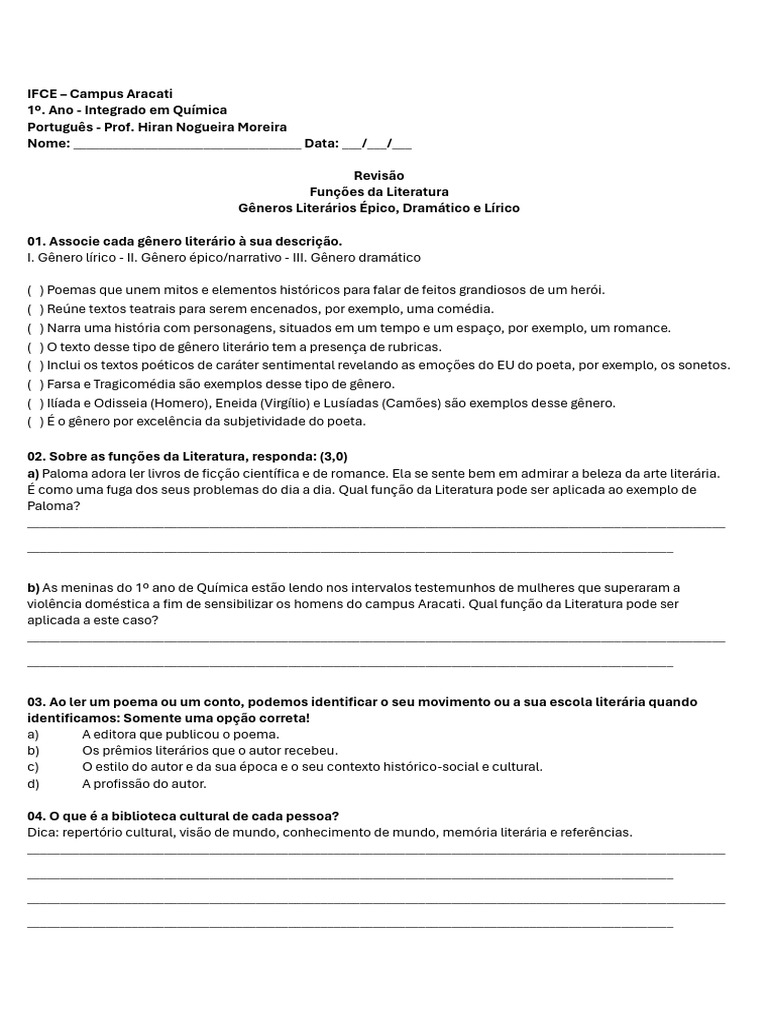 Atividade de Revisão Gêneros Literários e Outros Temas N3 1o Ano de ...