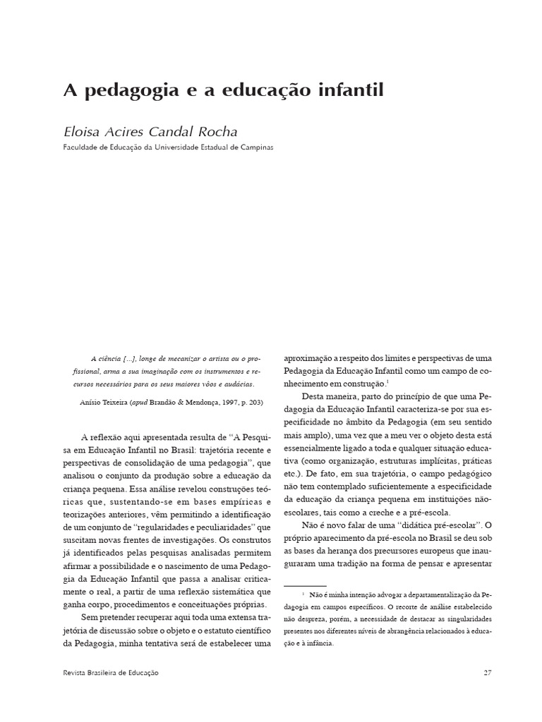 ROCHA, Eloisa. A Pedagogia e A EducaÃ Ã o Infantil | PDF | Pedagogia | Pré-escola