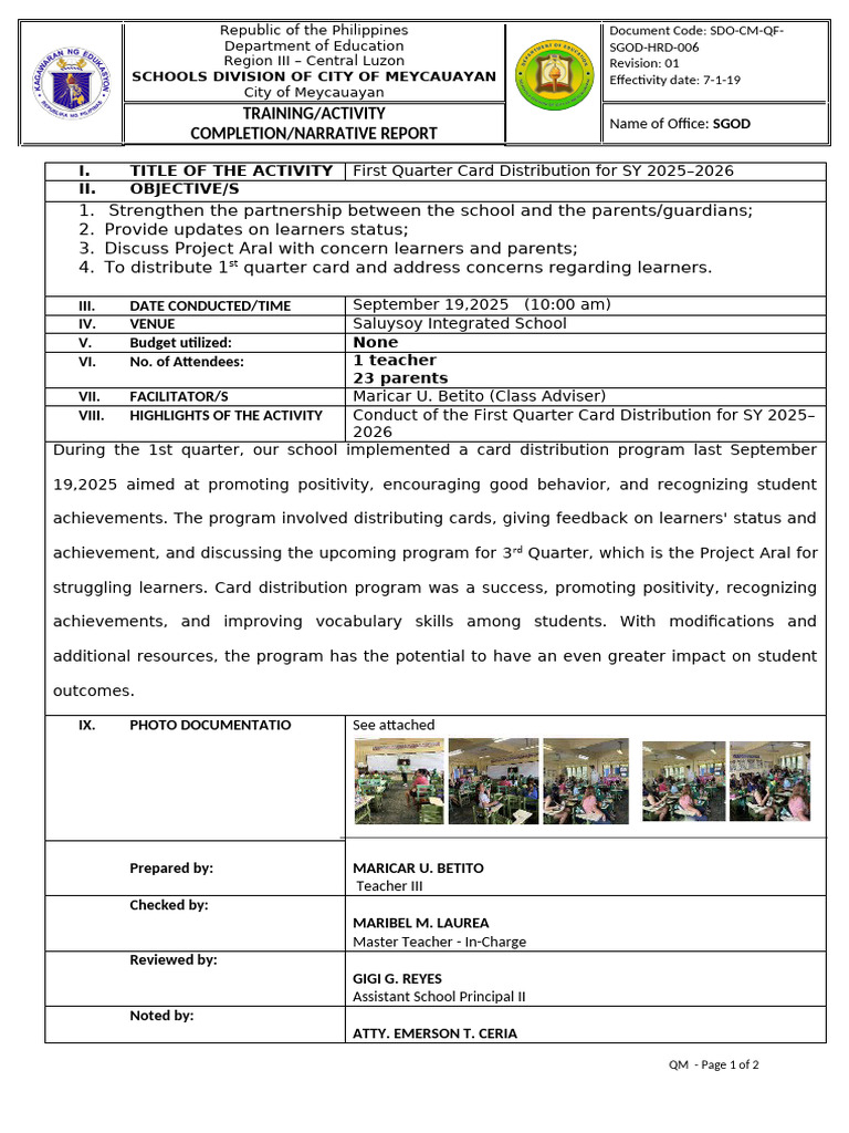First Quarter Card Distribution Report | PDF | Learning