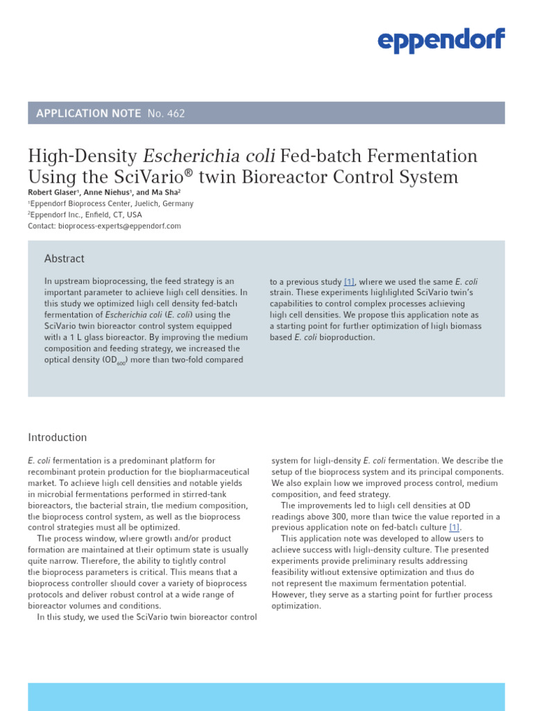 High-Density E. coli Fermentation with SciVario | PDF | Fermentation ...