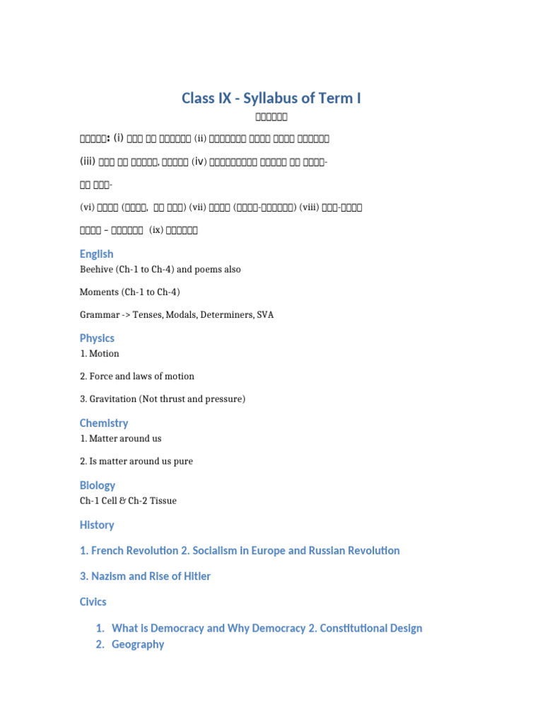 Class IX Term1 Syllabus | PDF