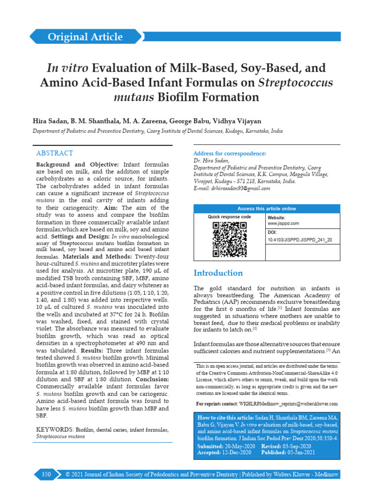 Infant Formulas and S. mutans Biofilm | PDF | Milk | Infant Formula