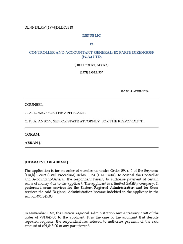 Ex Parte Dizengoff (1974) 1 G.L.R. 337 | PDF | Mandamus | Legal Remedy