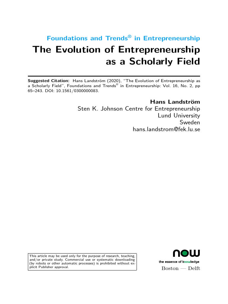The Evolution of Entrepreneurship As A Scholarly Field: Foundations and ...