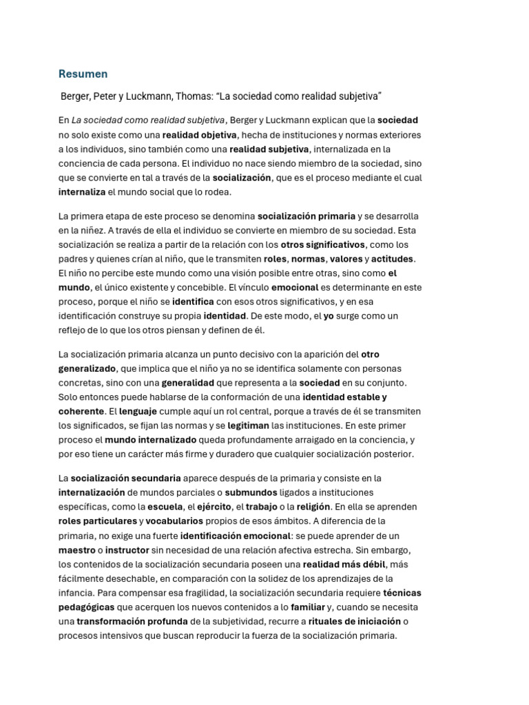 Socialización: Realidad Objetiva y Subjetiva | PDF | Socialización ...