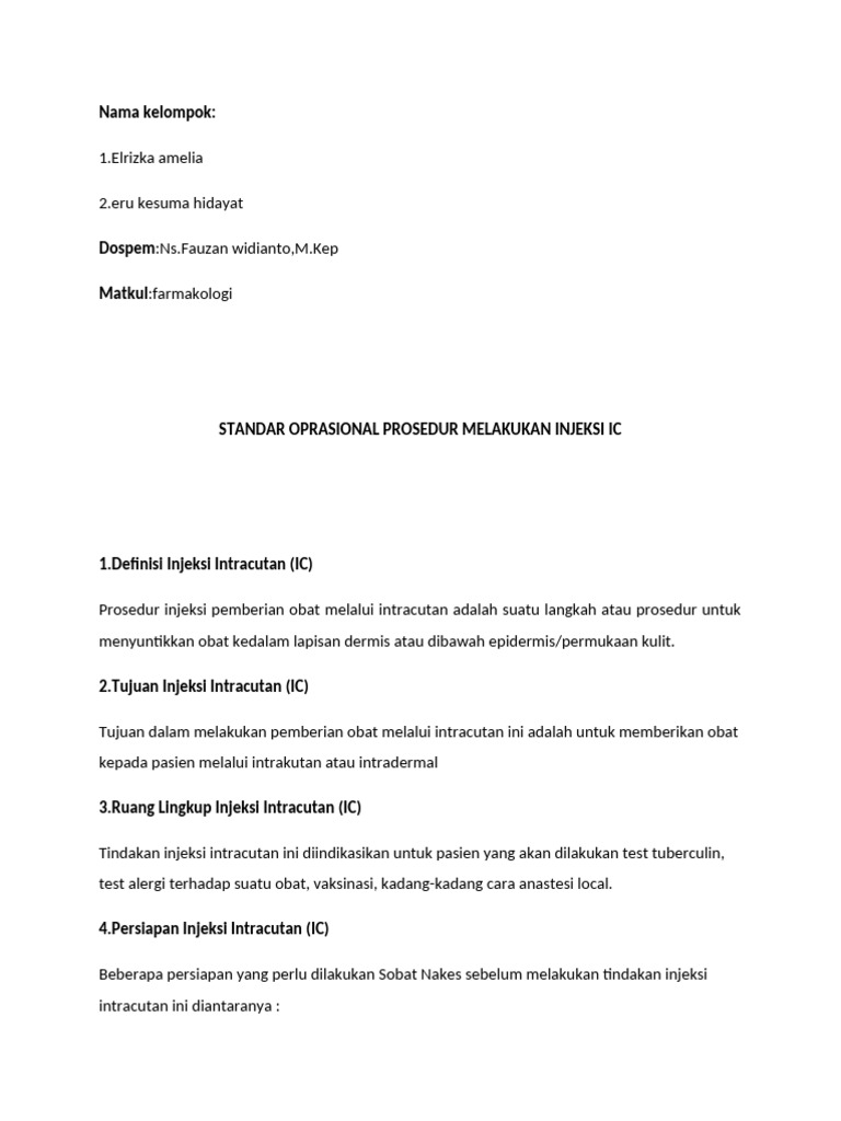 Prosedur Injeksi Intracutan (IC) Lengkap | PDF