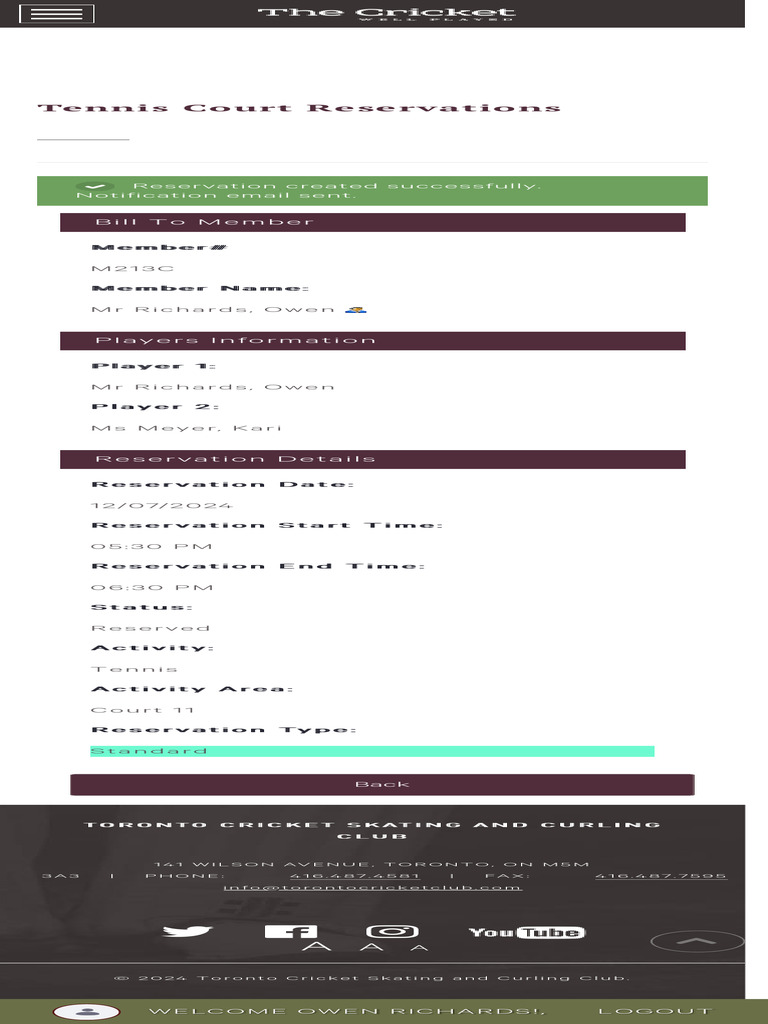 Tennis Bookings - Toronto Cricket Club | PDF