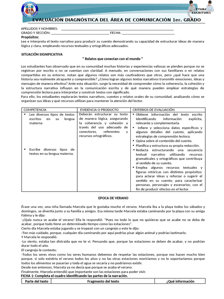 Evaluación Diagnósica Del Área de Comunicación 1ro.. 2025 | PDF | Comprensión lectora | Narración