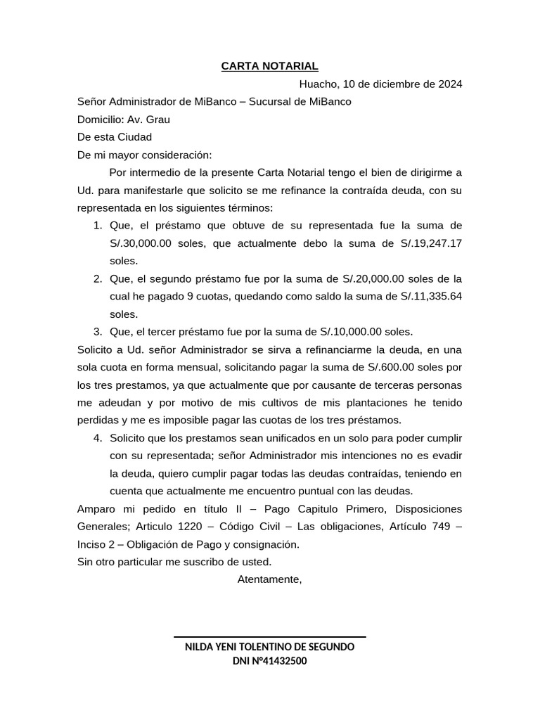 Carta Notarial Nilda Yeni Tolentino de Segundo - Pocho | PDF