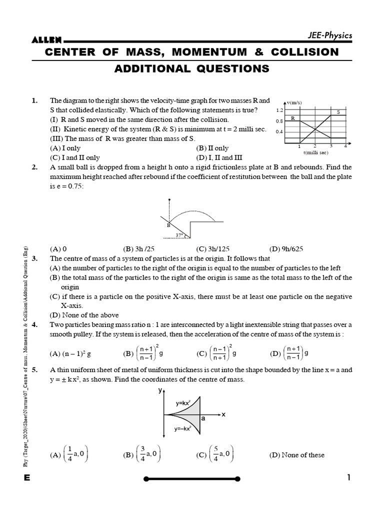 JEE Physics: Centre of Mass & Collision Questions | PDF | Collision ...