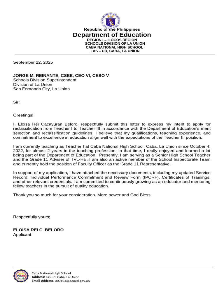 Teacher Reclassification Application Letter | PDF | Teachers