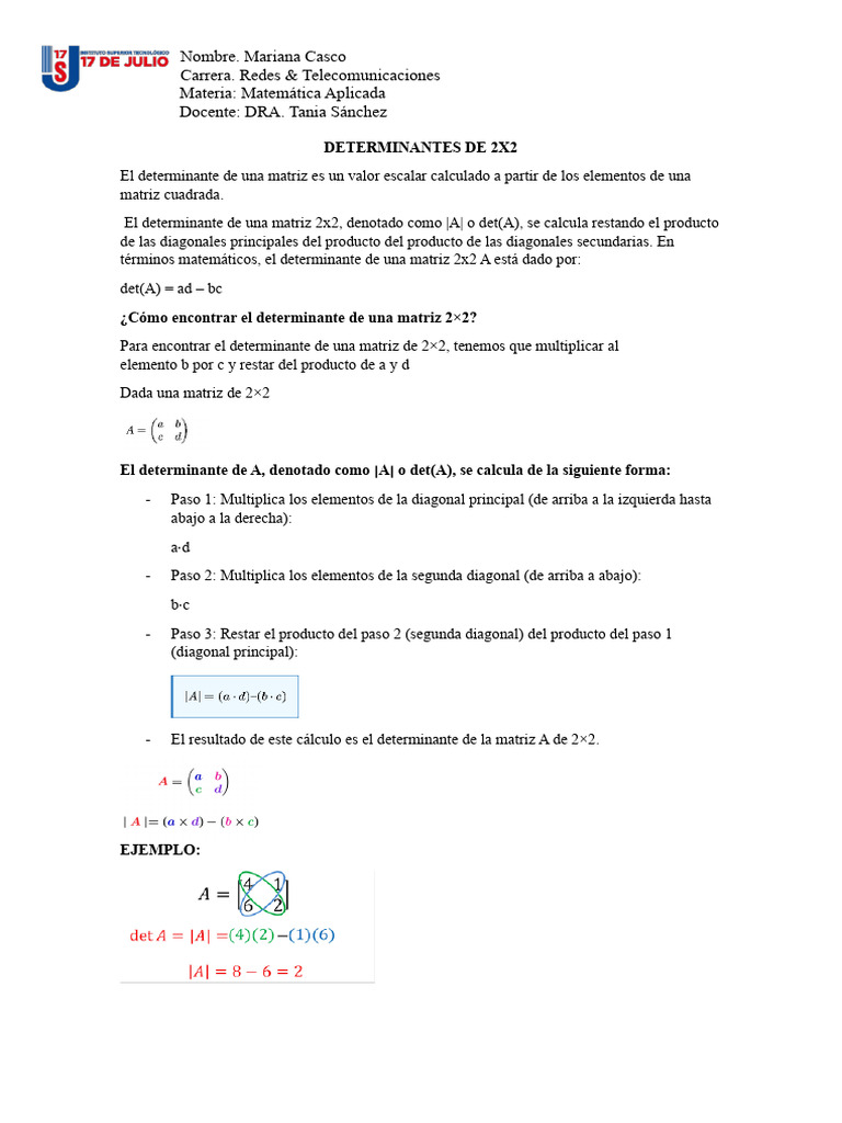 Cálculo del Determinante de Matrices 2x2 | PDF