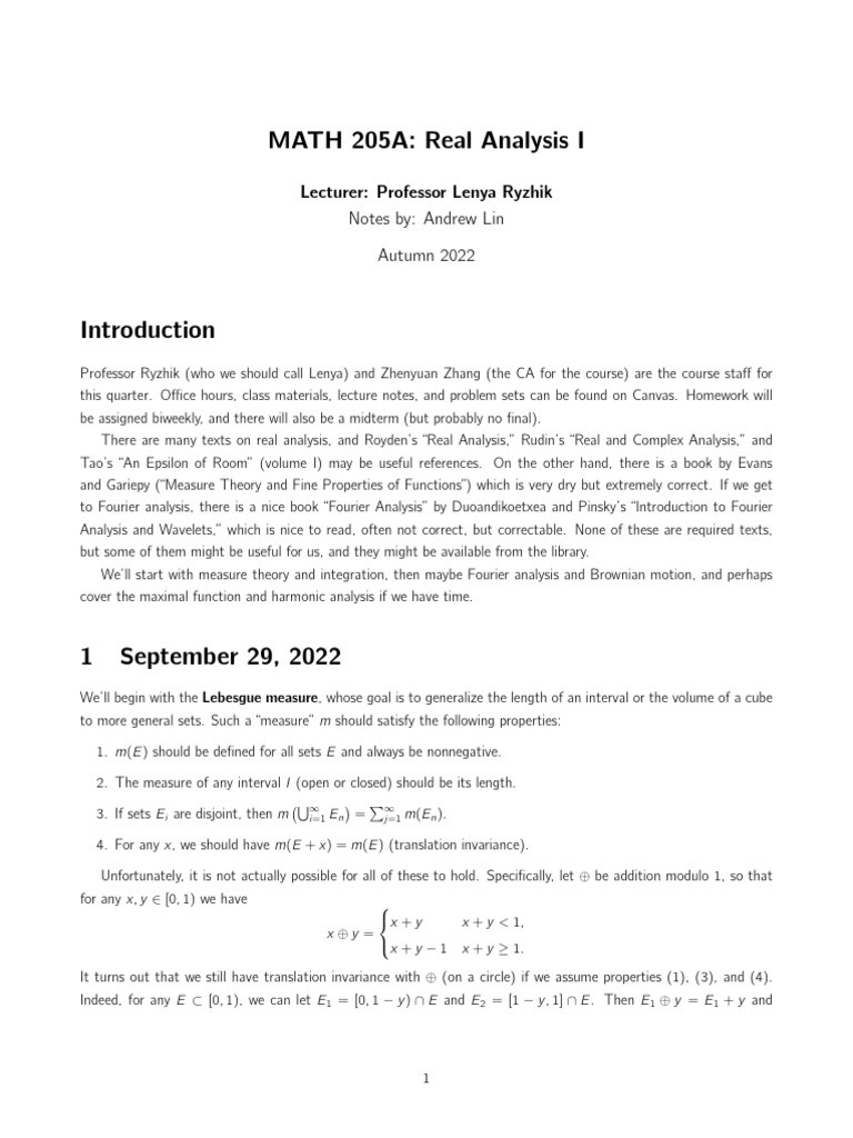 MATH 205A: Real Analysis I Overview | PDF | Measure (Mathematics ...