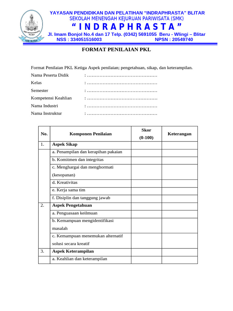 Format Penilaian PKL SMK Indraphrasta Wlingi | PDF