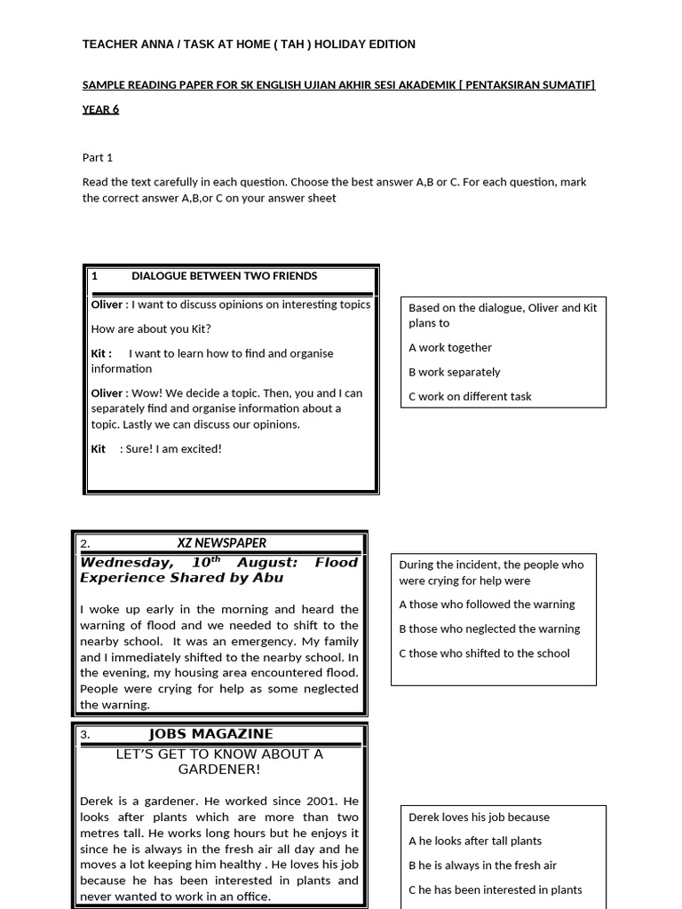 SK Uasa Year 6 Sample Reading Paper 2842023 | PDF | Fruit Preserves | Sauce