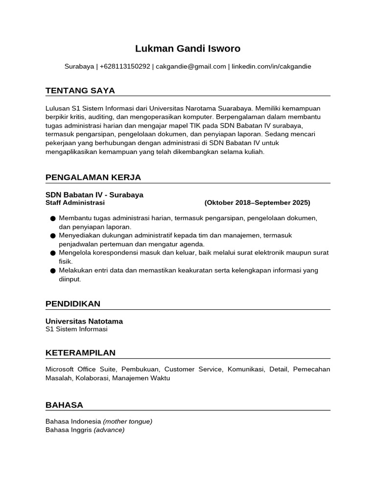 Contoh Cv Admin Kitalulus | PDF