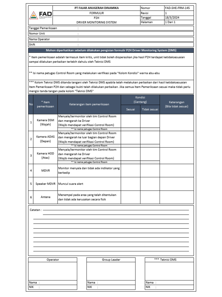 Formulir P2H Sistem Monitoring Driver | PDF