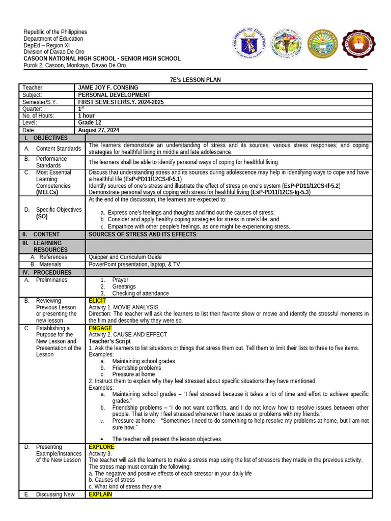 Lesson Plan Week 5 Day 1 - Perdev 12 | PDF | Stress (Biology) | Adolescence