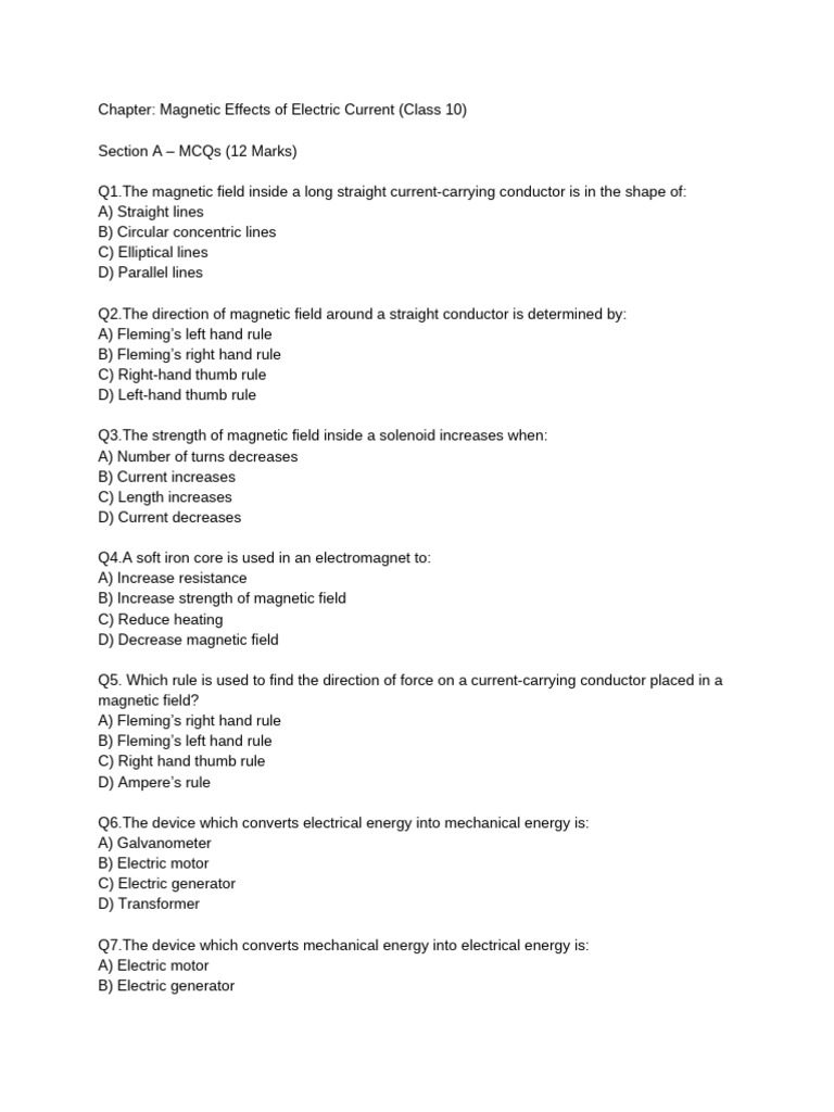 PHYSICS Chapter-Magnetic Effects of Electric Current (Class 10) | PDF ...