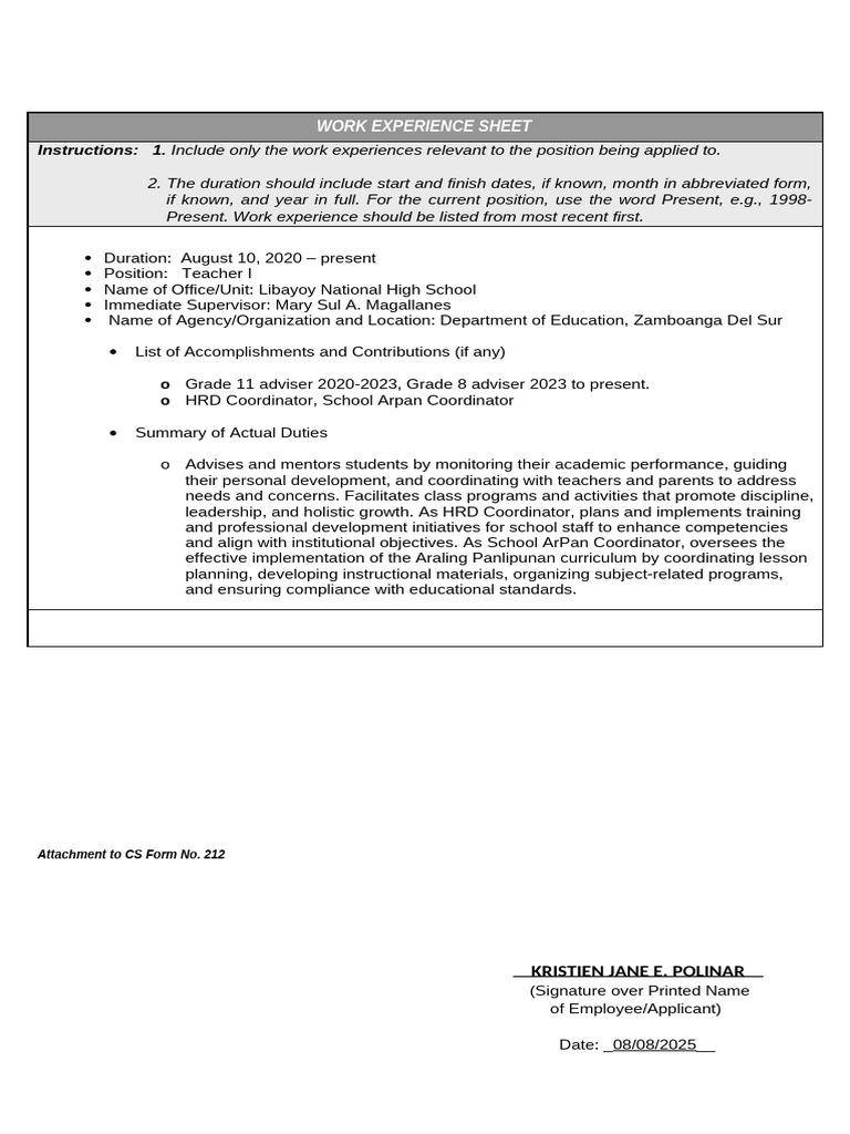 CS Form No. 212 Attachment Work Experience Sheet Sample 1 | PDF
