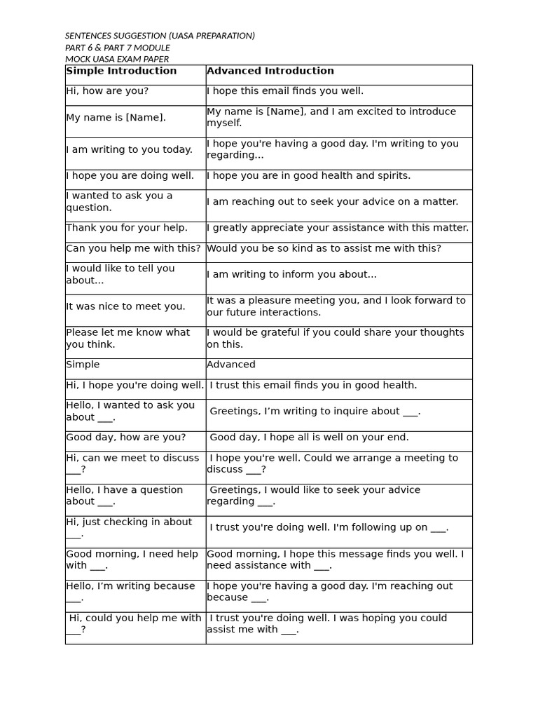 UASA Exam Preparation Sentence Guide | PDF