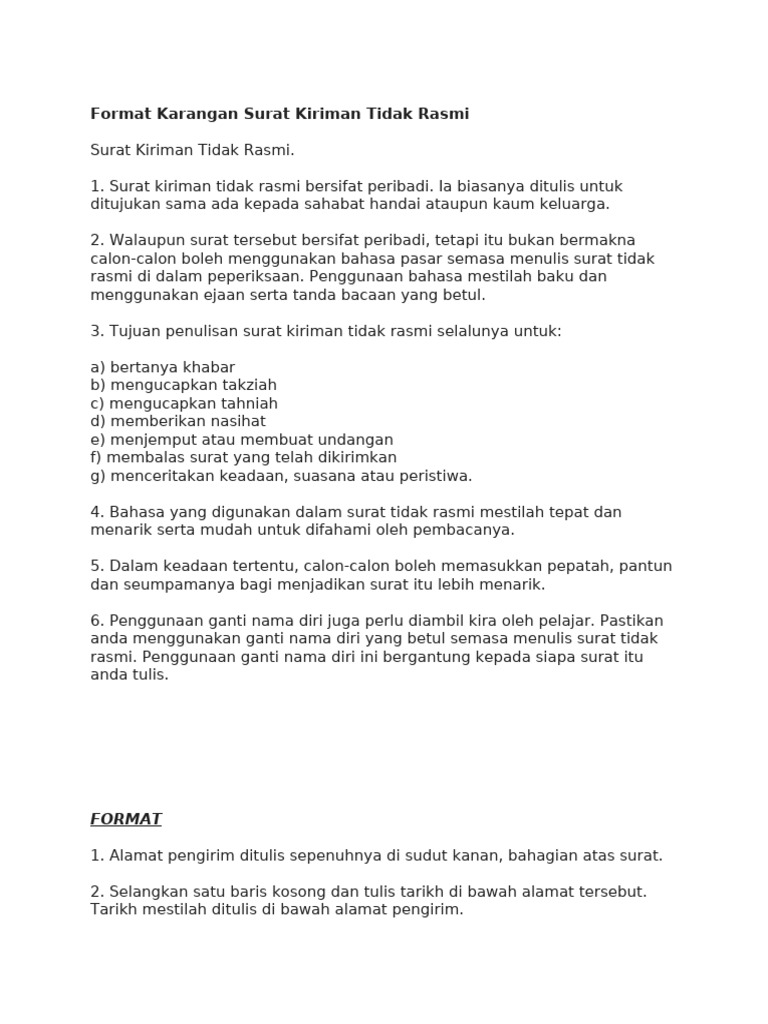 Format Karangan Surat Kiriman Tidak Rasmi | PDF