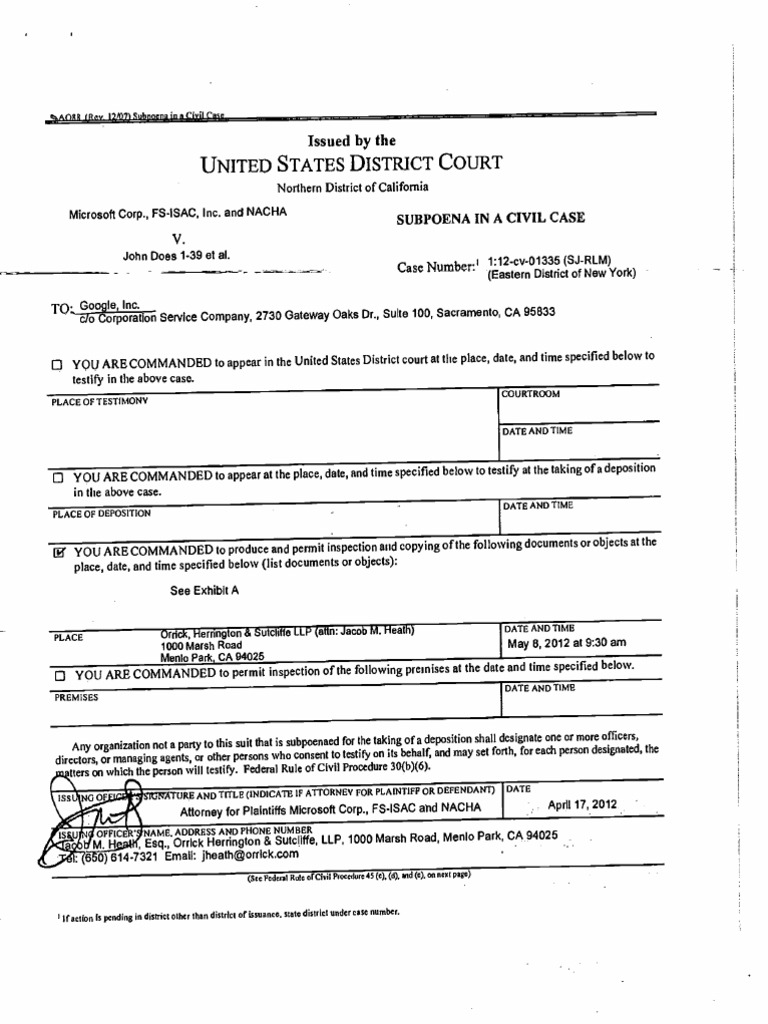 Subpoena 224623 | Deposition (Law) | Email