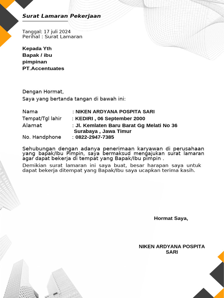 Oren Dan Hitam Minimalis Surat Lamaran Kerja | PDF