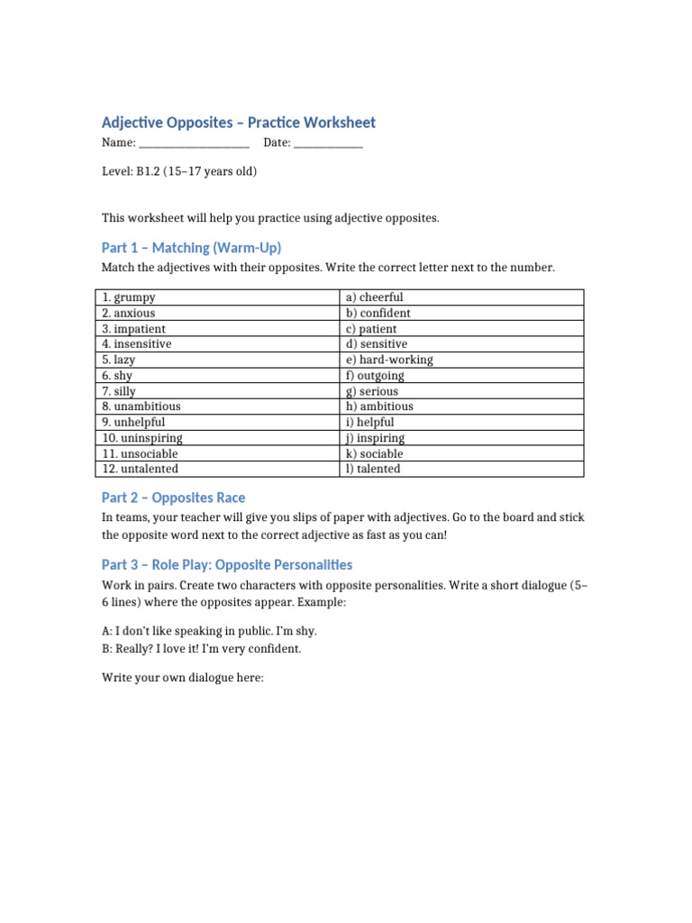 Adjective Opposites Practice Worksheet | PDF