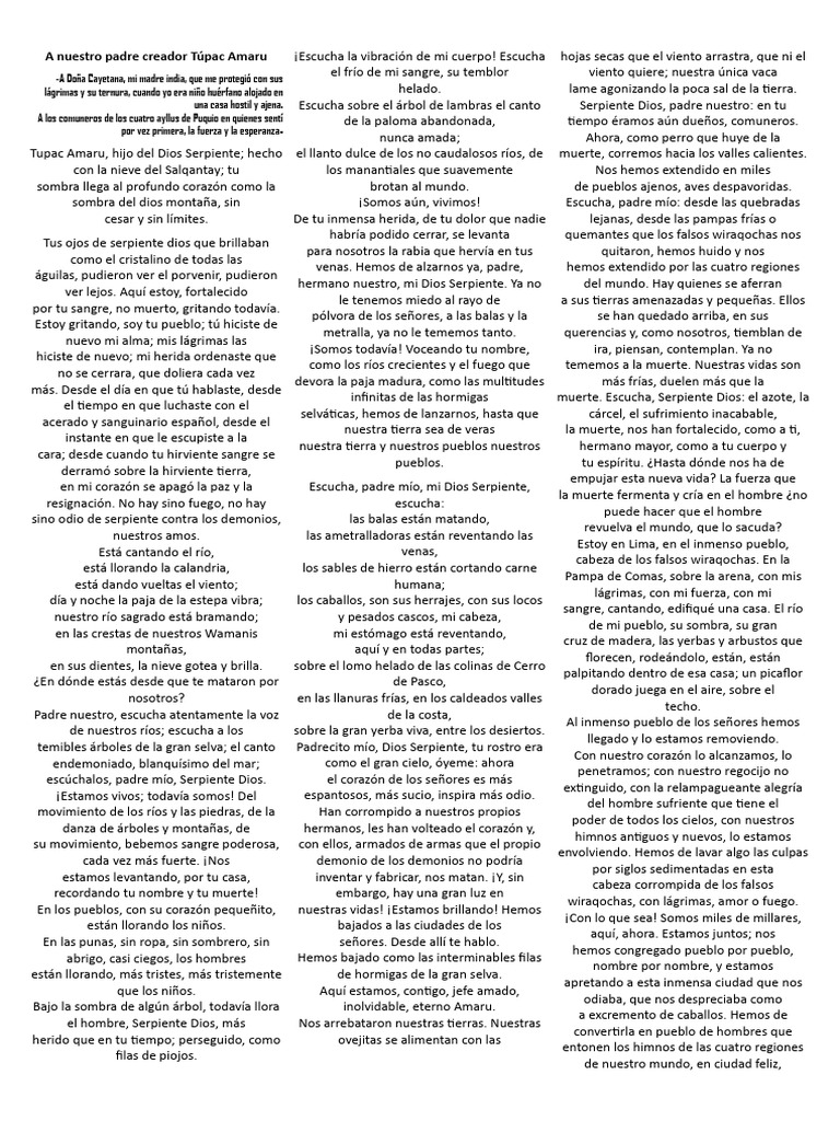 POEMA A Nuestro Padre Creador Túpac Amaru FINAL | PDF
