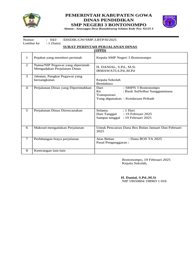 Contoh Format SPPD Perjalanan Dinas | PDF
