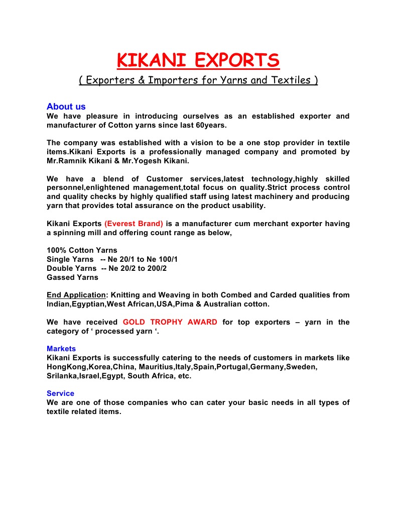 Kikani Exports - Our Introduction | PDF | Yarn | Textiles
