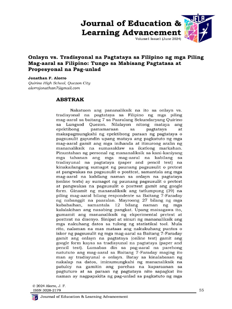 View of Onlayn vs. Tradisyonal Na Pagtataya Sa Filipino NG Mga Piling ...