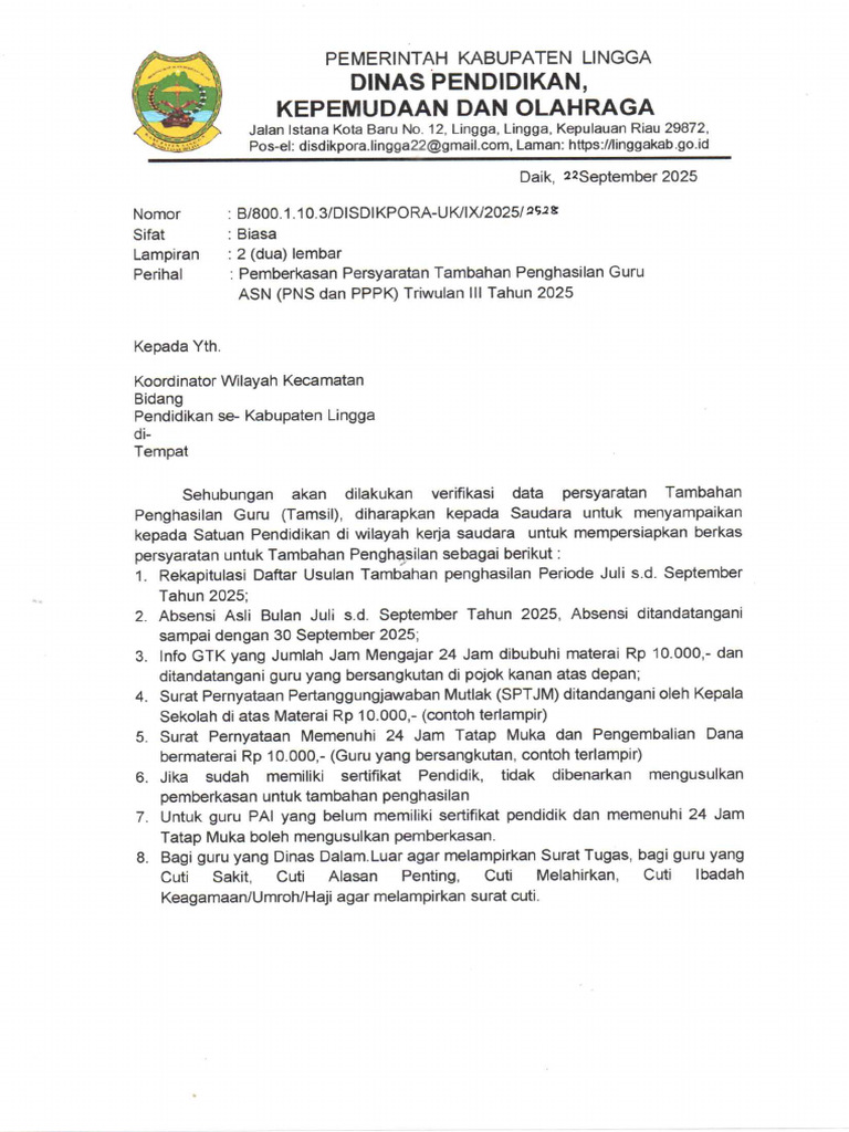 Surat Pemberkasan TPG TW III 2025 | PDF