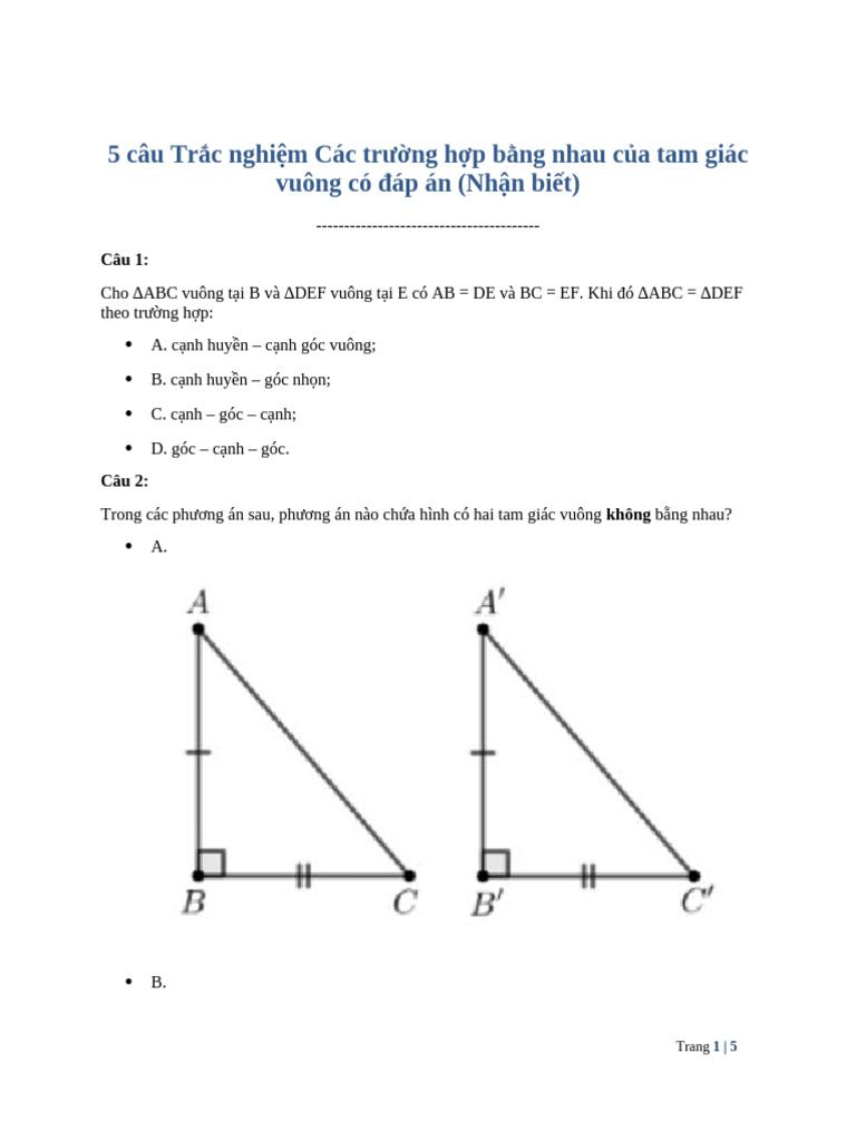 5 Cau Trac Nghiem Cac Truong Hop Bang Nhau Cua Tam Giac Vuong Co Dap an Nhan Biet 2025-07-26 | PDF