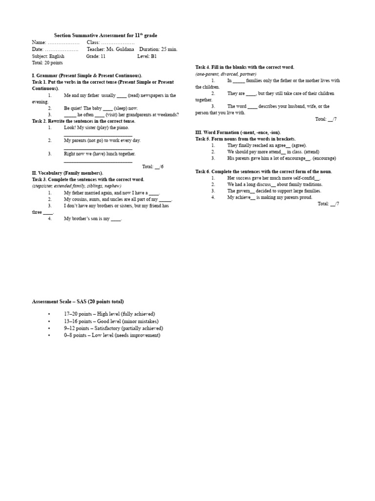 11th Grade English Assessment: Grammar & Vocabulary | PDF | Subject ...