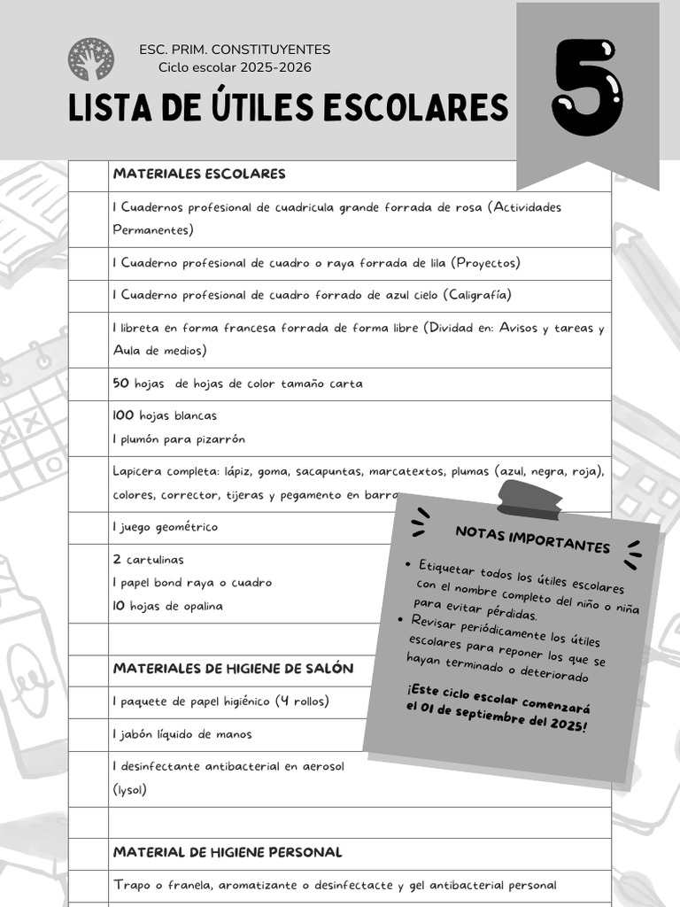 Lista de Útiles Escolares 5° Grado | PDF
