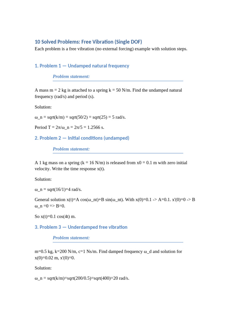 Free Vibration Problems Solutions | PDF | Damping | Applied And ...