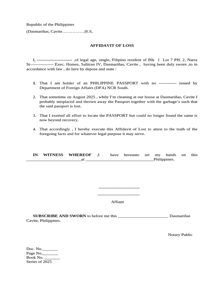 Affidavit of Lost Philippine Passport | PDF