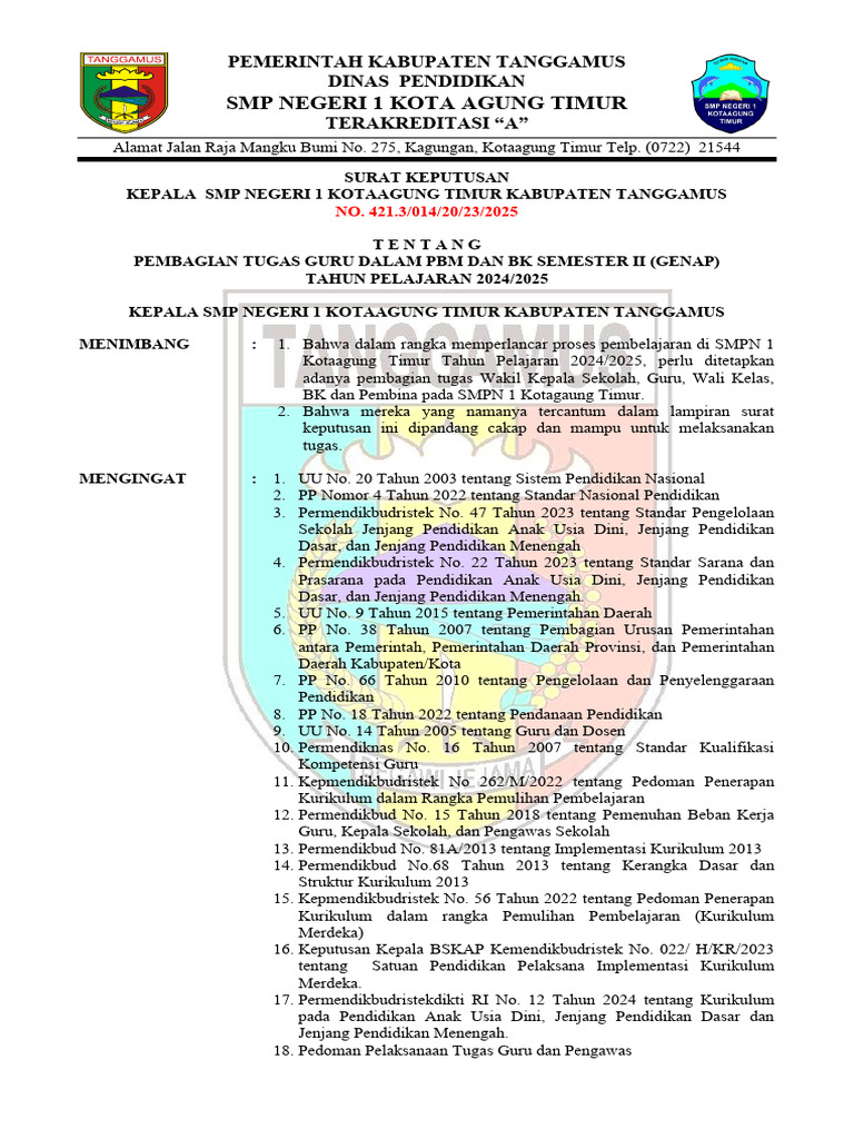 SK Pembagian Tugas Semester I (Ganjil) 2025-2026 | PDF