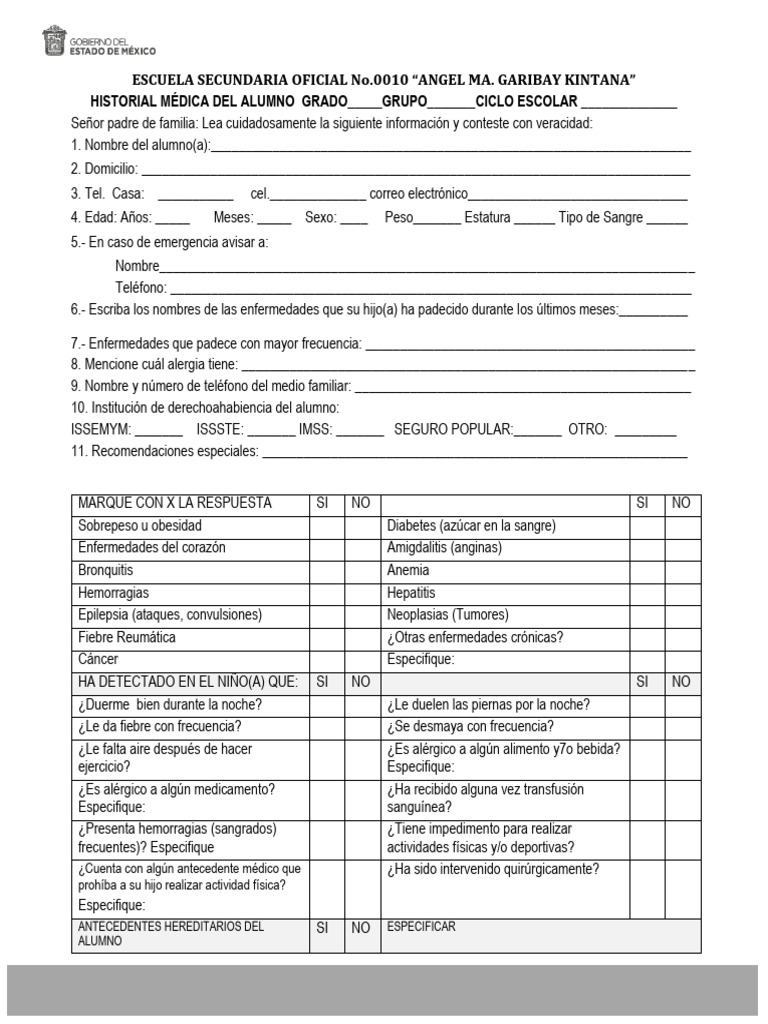 Historial Médico Escolar del Alumno | PDF | Enfermedades y trastornos ...