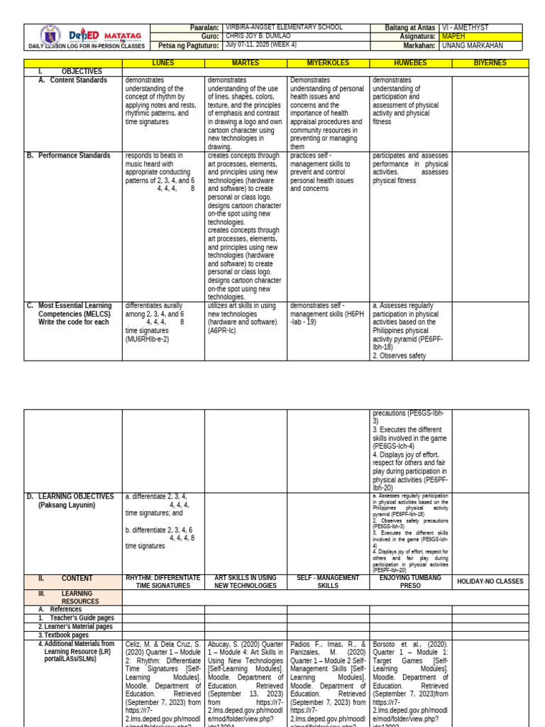 g6 q1w4 DLL Mapeh (Melcs) | PDF