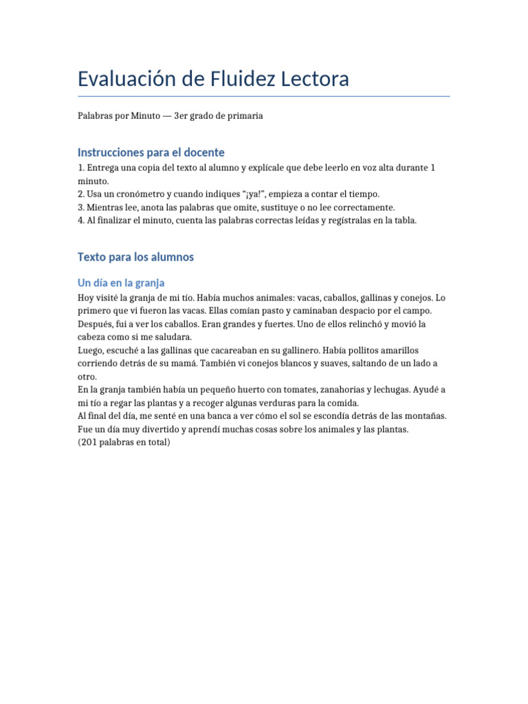 Evaluación de Fluidez Lectora 3er Grado | PDF