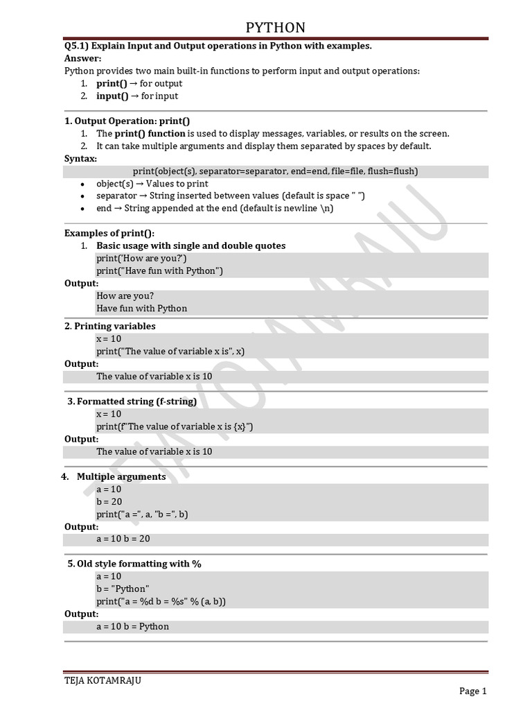 Q5.1) Explain Input and Output Operations in Python With Examples. | PDF | Parameter (Computer ...