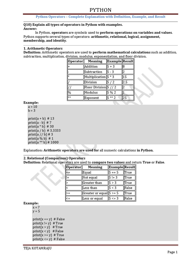 Q10) Explain All Types of Operators in Python With Examples. | PDF ...