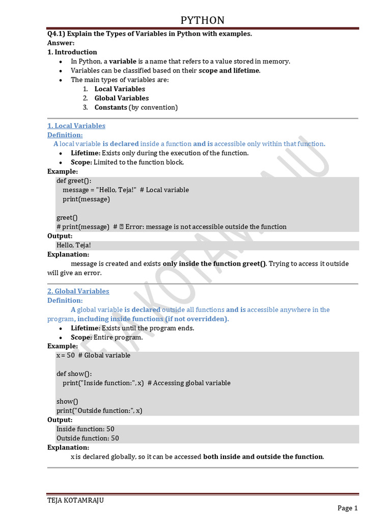 Q4.1) Explain The Types of Variables in Python With Examples. | PDF | Variable (Computer Science ...