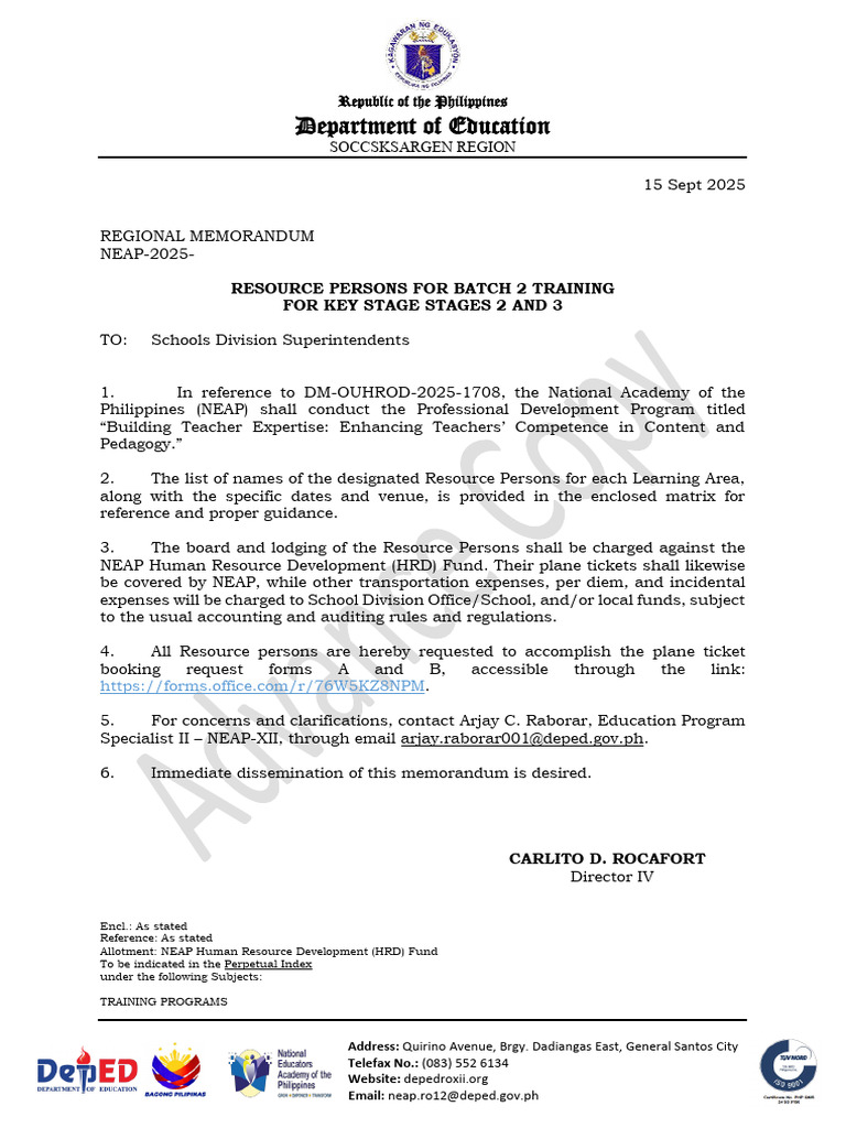 Advance Copy - Rm-Neap - Resource Persons For Batch 2 Training For Key ...