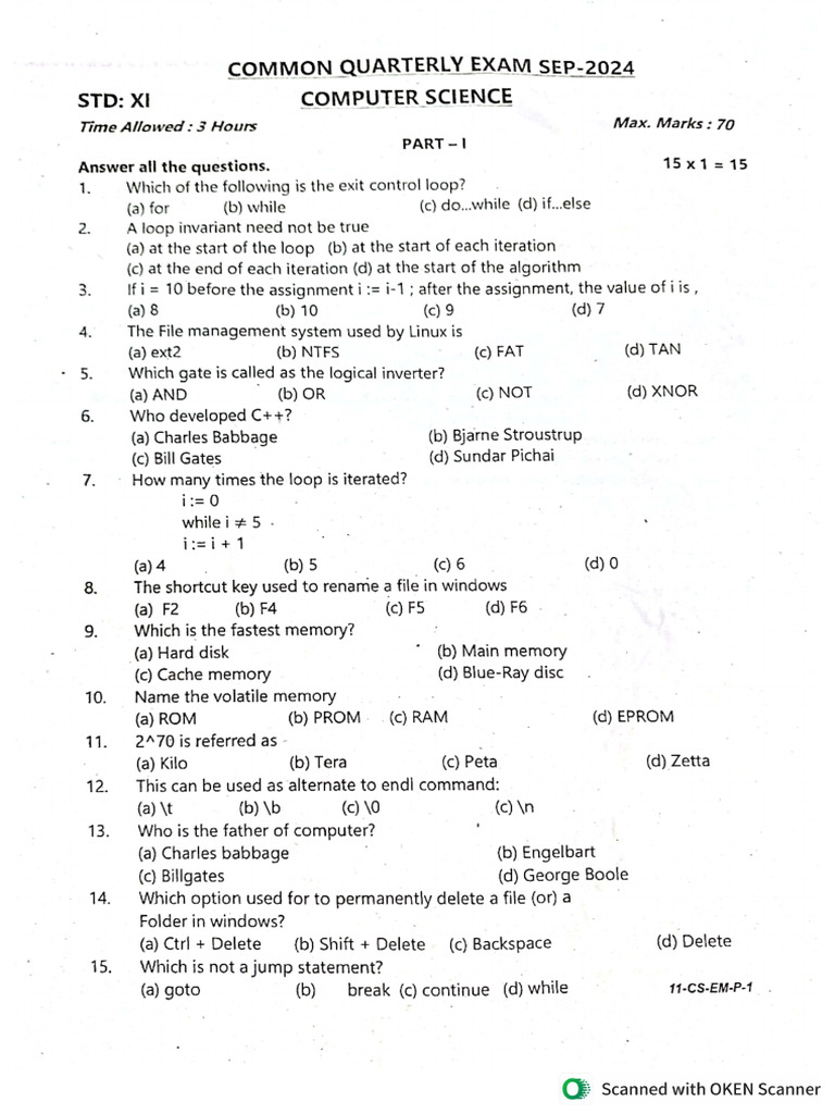 11th Computer Science Quarterly Exam 2024 Original Question Paper ...