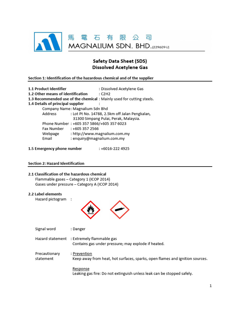 Safety Data Sheet for Acetylene Gas | PDF | Dangerous Goods | Waste