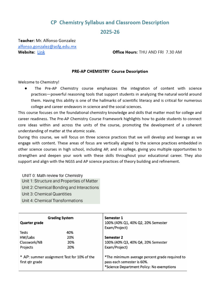 Pre-AP Chemistry Syllabus 2025-26 | PDF | Notebook | Teachers